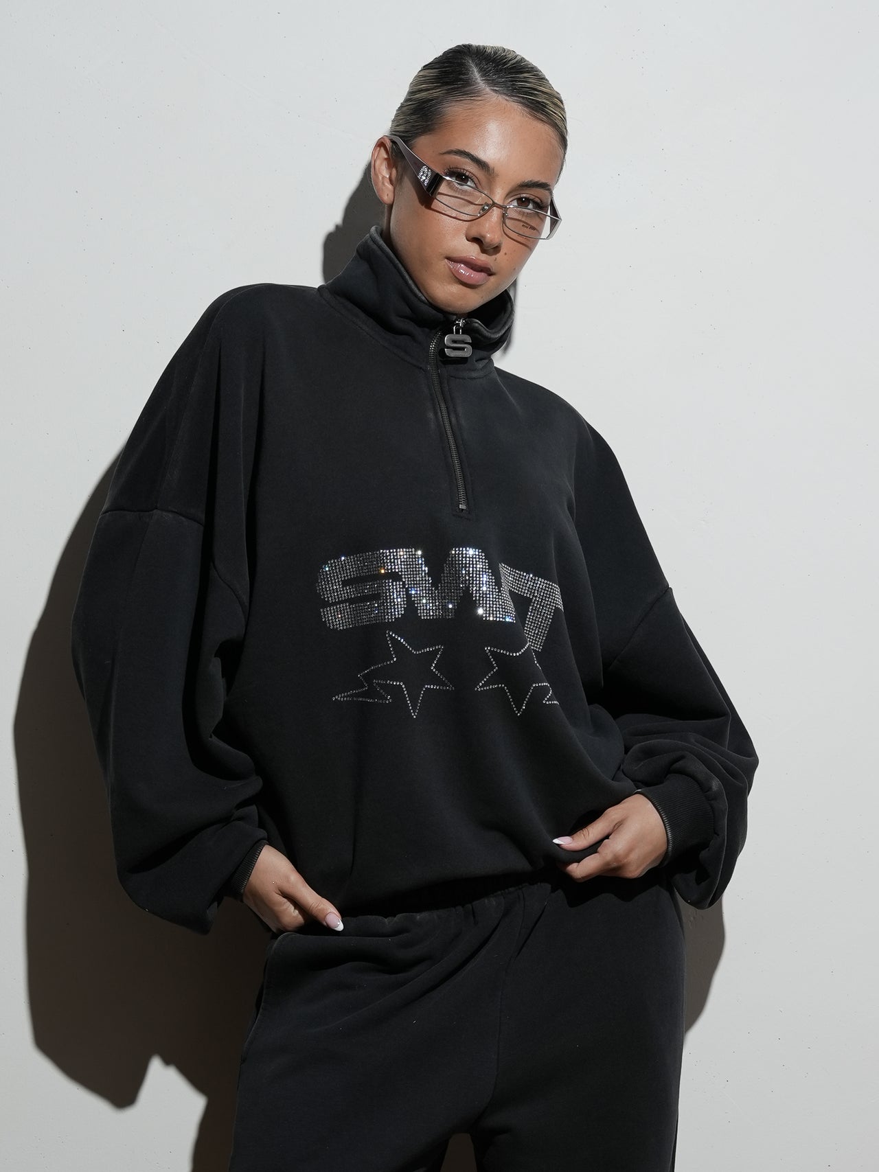 Black Rhinestone Oversized Quarter Zip | SWT Active